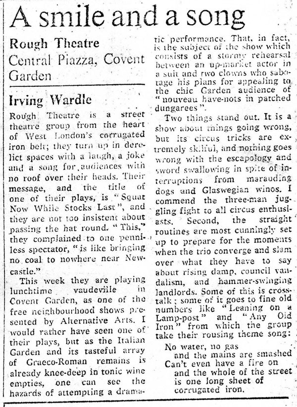 Rough Theatre - RoadShow Review- Times August 1978 by Irving Wardle